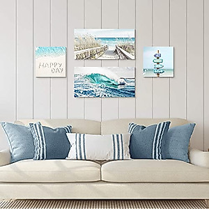 Coastal Canvas Beach Wall Art: 4 Piece Seascape Pathway Painting Surf Ocean Artwork Relax Seaside Street Sign Picture Summer Scenery Holiday Prints for Office Bedroom Bathroom Living Room