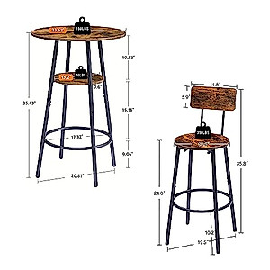 Lepfun Bistro Set of 2, Pub High Top Round Table and Chairs Upholstered Cushion, Storage Shelf and Backrest, 3-Piece Bar Stool Set for Breakfast Nook, Rustic Brown