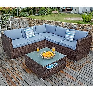 COSIEST 4-Piece Outdoor Furniture Set All-Weather Brown Wicker Sectional Sofa w Glass Coffee Table, Heritage Blue Cushions,2 Stripe Woven Pillows Incl. Waterproof Cover for Garden