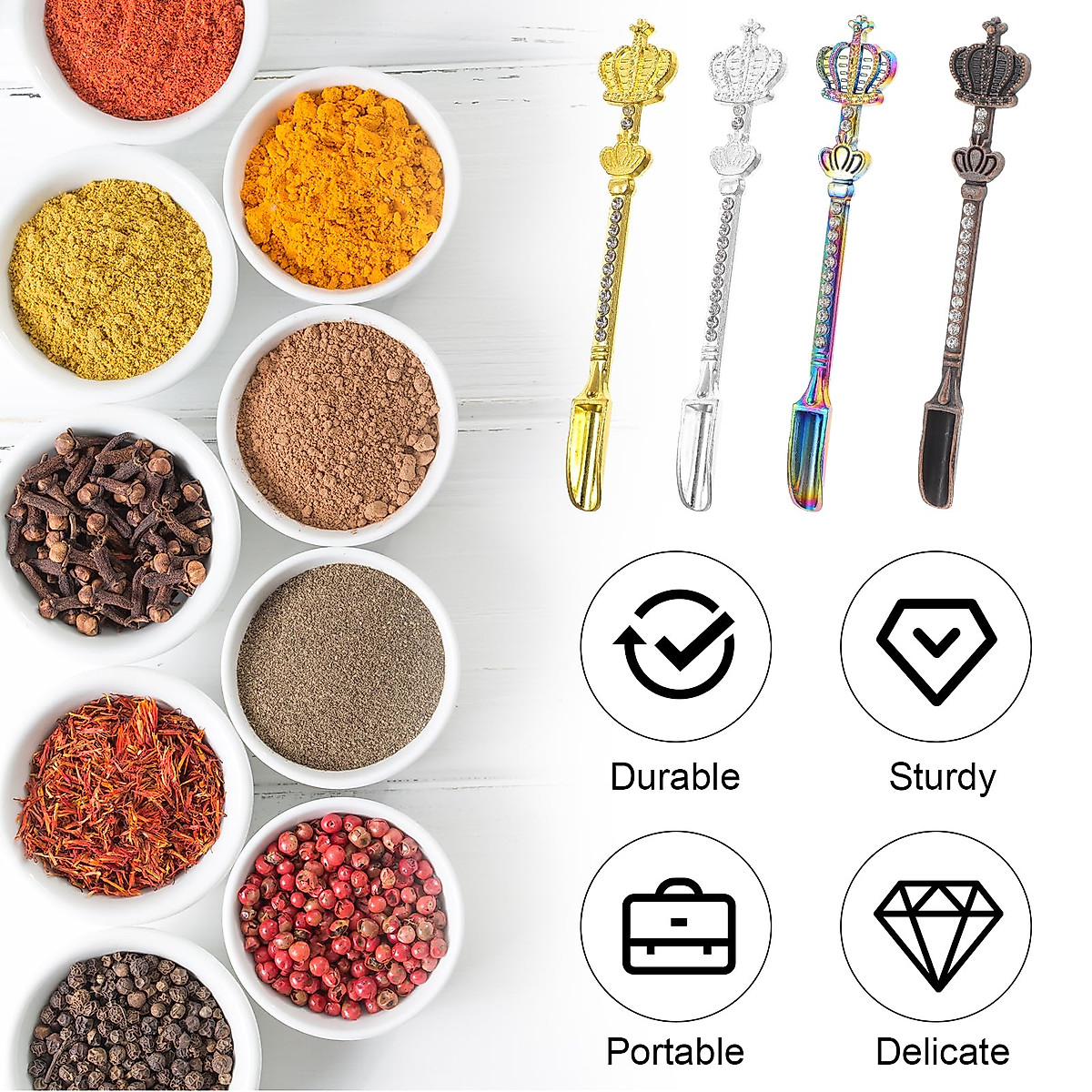 Mini Crown Spoons Set of 4 Mini Shovel Spice Spoon Small Spoons for Spice Tiny Spoons for Powder, Mini Spatulas Spoon, Gold Silver Multicolor Grey Mini Spoons