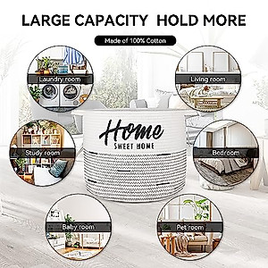 Vnkesno Large Woven Cotton Rope Storage Baby Basket White Laundry Clothes Hamper, Toy Storage Basket for Dog, Cat, Decorative Basket Blankets Organizing for Living Room, Laundry, Nursery-14.7" ×11.8"