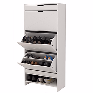 LSKTGA Tipping Bucket Shoe Storage Cabinet, 3-Tier Freestanding Tipping Bucket Shoe Cabinet Shoe Rack with Drawer and Adjustable Shelf, Modern Narrow Storage Organizer for Entryway