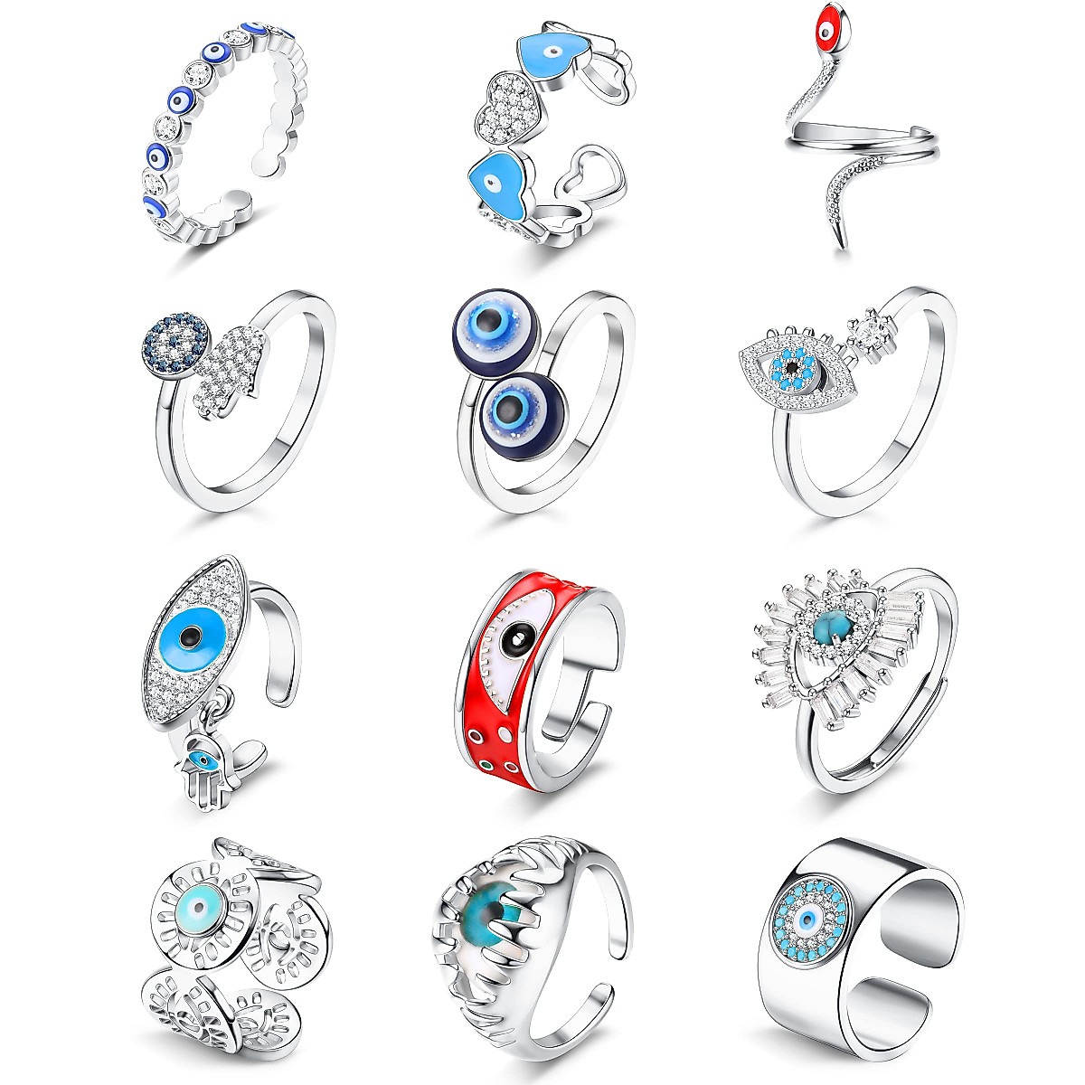 Sanfenly 12PCS Evil Eye Rings for Women Gold Plated Silver Eye Rings Aesthetic Trendy Cubic Zirconia Adjustable Open Ring Set