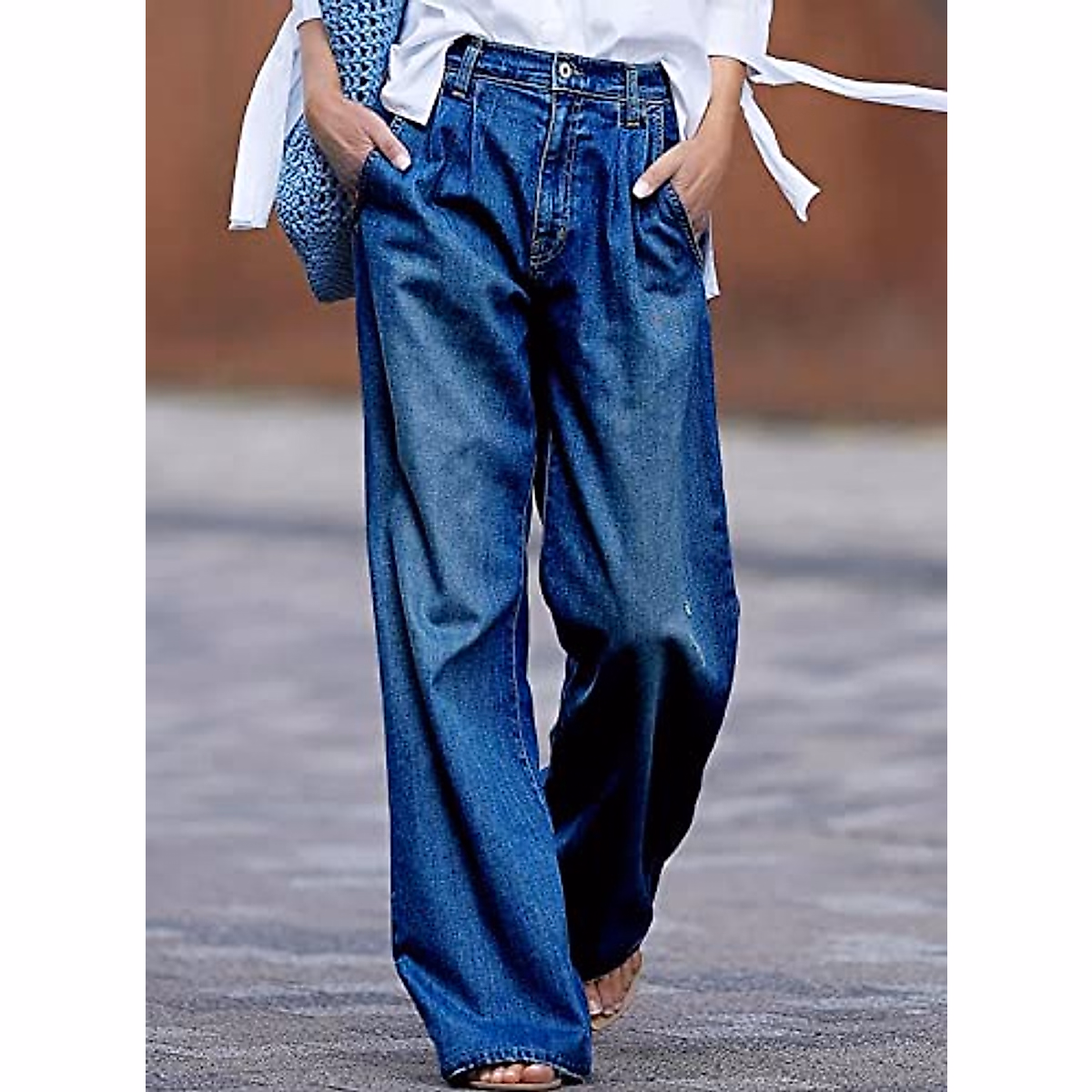 EVALESS Womens Fashion Wide Leg Jeans Boyfriend High Waist Baggy Jeans Summer Loose Y2K Streetwear Denim Pants Blue 12