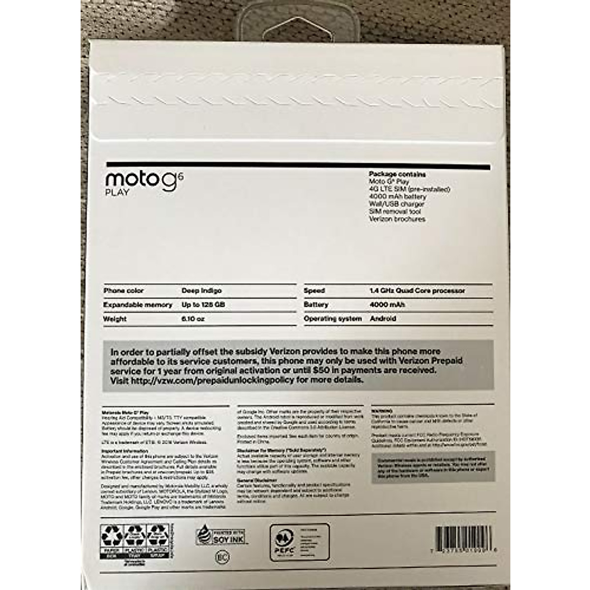 Verizon Prepaid Motorola Moto G6 Play MOTXT19226PP with 16GB Memory 5.7 IPS TouchScreen Fingerprint Android 8.0 Oreo OS Prepaid Cell Phone - Carrier Locked to Verizon Prepaid