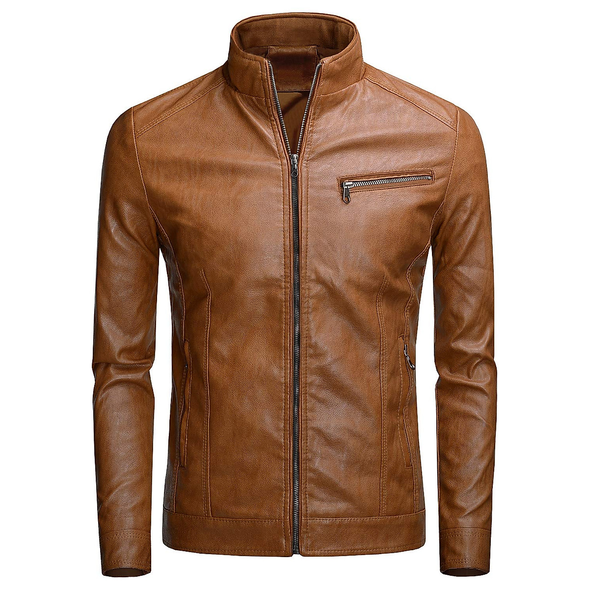 Fairylinks Men's Casual Faux Leather Jacket, Brown, Large