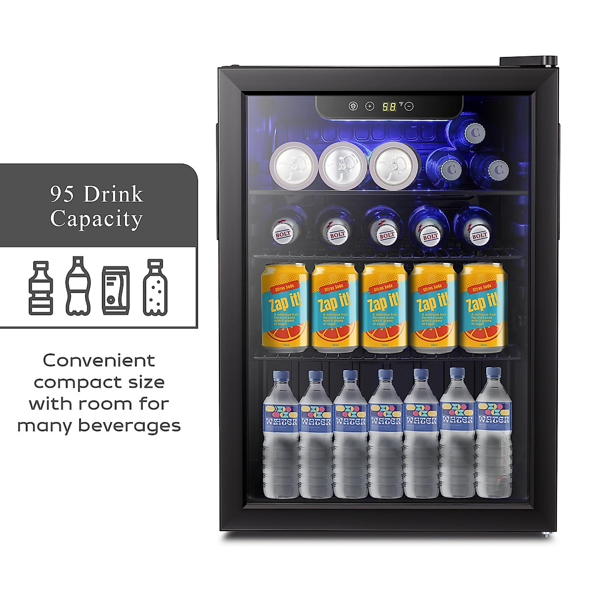 LAUREL CANYON Beverage Refrigerator-Mini Fridge, 95 Can Glass Door for Soda, Beer, Wine Small Drink Dispenser Cooler for Office, Bar, 2.6 cu ft, Black