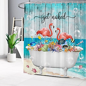LB Pink Flamingo Shower Curtain Tropical Fish Coral in Bathtub on Beach Shower Curtain Set Blue Ocean Get Naked Shower Curtains for Bathroom Waterproof Washable Fabric with Hooks,72x72 inch