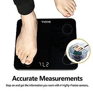 BAGAIL BASICS Bathroom Scale, Digital Weighing Scale with High Precision Sensors and Tempered Glass, Ultra Slim, Step-on Technology, Shine-Through Display - 15Yr Guarantee Black