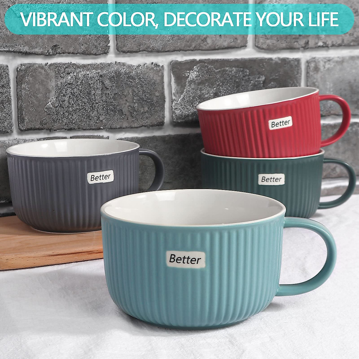 Artena 38 Ounce Soup Bowl with Handles, 6 inch Jumbo Soup Mug with Handles, Wide Large Cereal Bowl for Oatmeal, Gumbo, Salad, Oversized Teal Glazed Ceramic Soup Cup, Microwave & Oven Safe