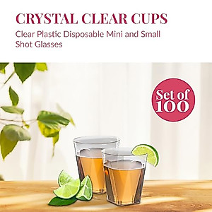 Prestee Clear Plastic Shot Glasses, 2 oz Disposable Shot Glasses - Bulk 100 Pack, Durable Small Cups for Shots, Mini Drinkware for Parties, Events, Reusable or Disposable - Crystal Clear Design