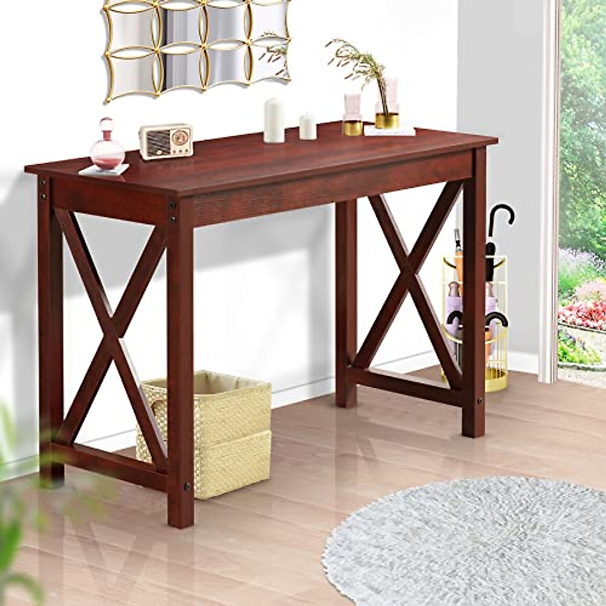 MINOSYS Writing Desk – 43.3” Computer Desk for Home Office, Sturdy Wooden Grain Work Desk with X Frame, Console Table for Living Room, Entryway, Study Room, Sofa, Cherry Color Farmhouse Desk.