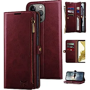 SUANPOT for iPhone 14 Pro 6.1 inch Wallet case 【RFID Blocking】【9 Card Slot】【Pocket】,Credit Card Holder Flip Folio Book Zipper PU Leather Protective Cover Women Men for Apple 14 Pro Phone case Wine Red