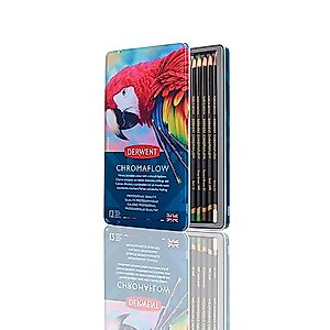 Derwent Chromaflow Colored Pencils Tin, Set of 12, Great for Holiday Gifts, 4mm Wide Core, Multicolor, Smooth Texture, Art Supplies for Drawing, Blending, Sketching, Professional Quality (2305856)