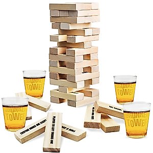 ArtCreativity Tumbling Tower Drinking Game, Drinking Game with 4 Glasses and 60 Wooden Blocks with Challenges, Fun House Party Games for Game Night, Great Gift Idea