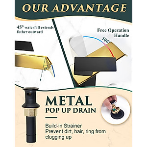 KUZOR Waterfall Bathroom Faucets 1 Hole Single Handle, Matte Black & Shiny Gold Bathroom Sink Faucet with Metal Pop Up Drain, Modern Square Faucet for Bathroom Sink Single Hole