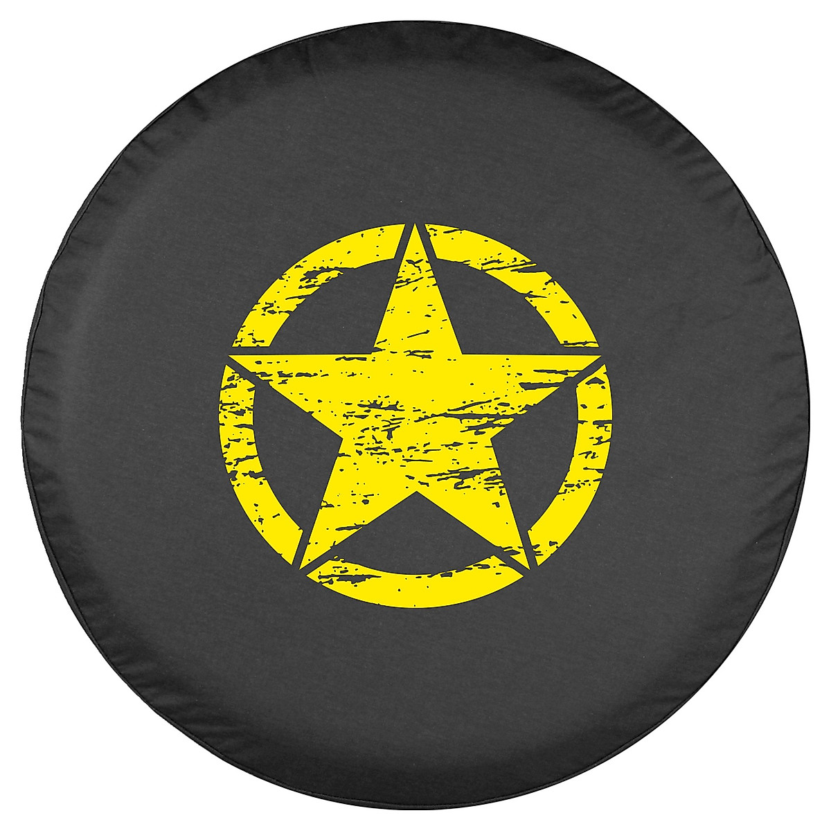 Boomerang - 32" Distressed Star - Spare Tire Cover - (Black Denim Vinyl) for Jeep Wrangler JK (2007-2018) - Yellow Print - Made in The USA