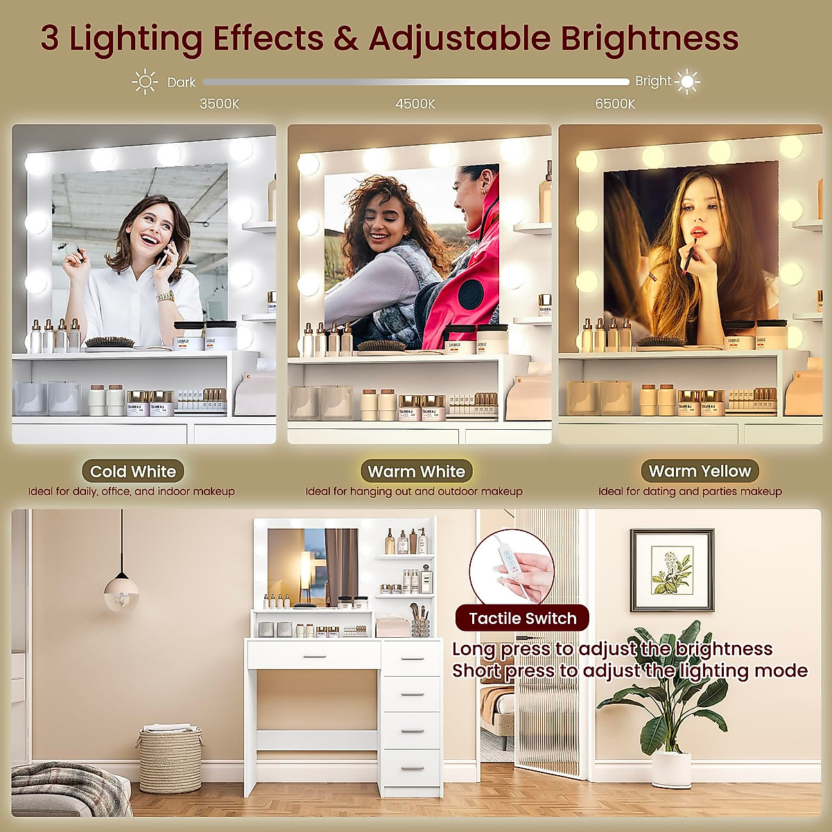 FGNTWP Makeup Vanity Desk with Mirror, 10 Lights, 5 Drawers, 3 Storage Shelves, 3 Color Modes & Adjustable Brightness Dressing Table, 35.4” Desk, White