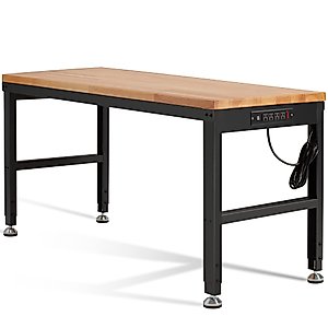 Haddockway Adjustable Workbench for Garage, 60" x 22" Rubber Wood Top Worktable with Power Outlets, Max 2000 Lbs Load Capacity Heavy Duty Workstation for Workshop Office Home (Black Frame, 60in)