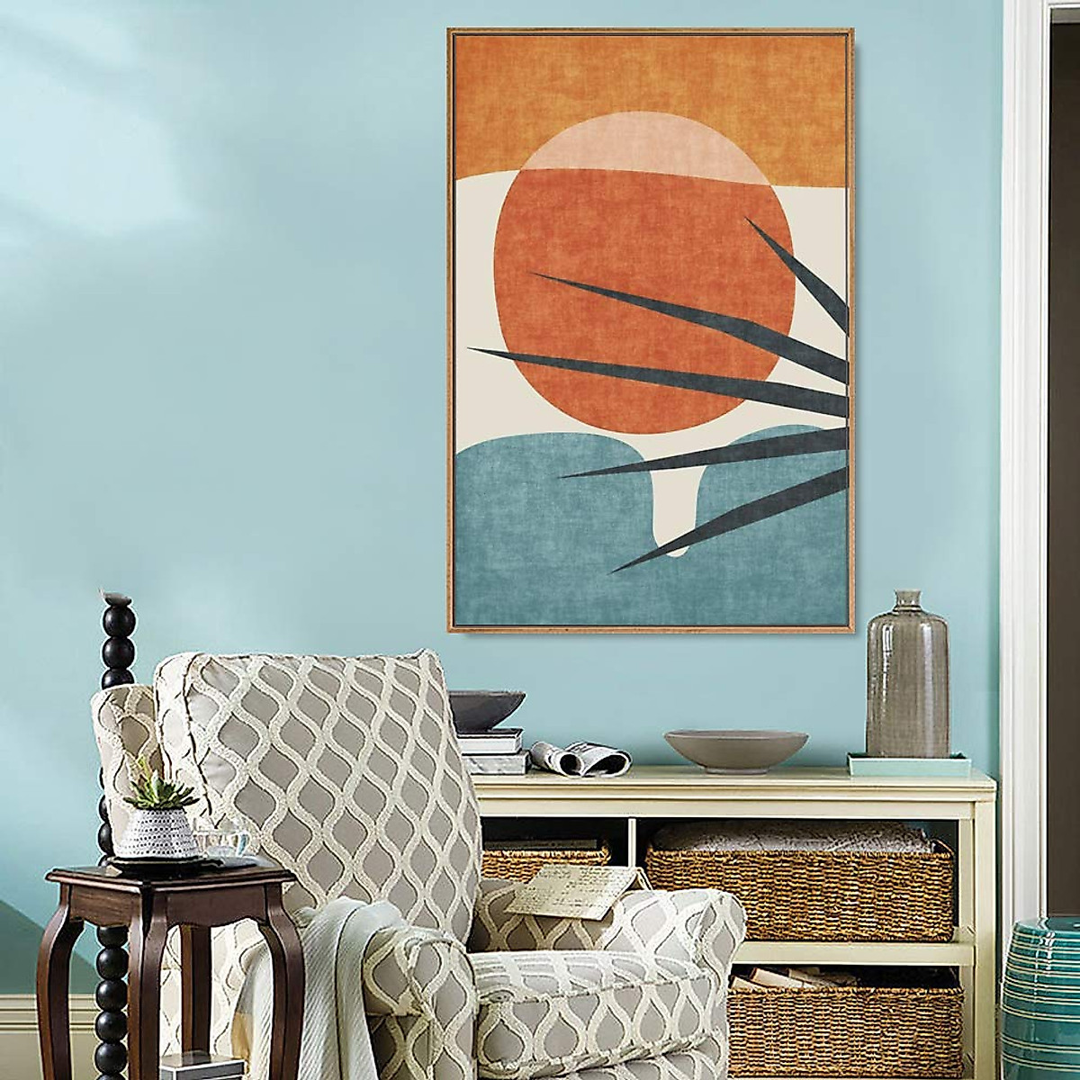 IDEA4WALL Framed Canvas Print Wall Art Abstract Blue Palm Tree & Red Sun Geometric Shapes Illustrations Modern Art Mid-Century Modern Ultra for Living Room, Bedroom, Office - 24"x36" Natural