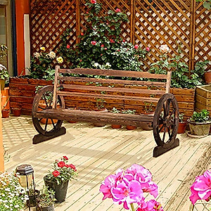 Outsunny Wooden Wagon Wheel Bench, 3-Person Rustic Slatted Seat, Outdoor Patio Furniture, Brown