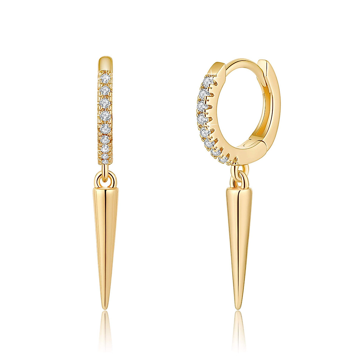 Gold Spike Earrings Huggie Hoop, 14K Gold Plated Dangle Hoop Earrings for Women Hypoallergenic Huggie Hoop Earrings Geometric Triangle Cone Dangle Earrings