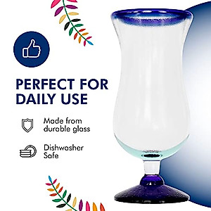 Amici Home Blue Rim Hurricane Glass | Set of 4 | Authentic Mexican Handmade Glassware | Bar Glasses for Pina Coladas, Cocktails, and Other Beverages | 16 Oz