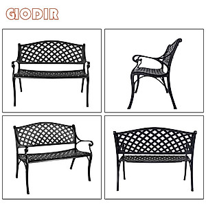 GIODIR Outdoor Patio Garden Bench All-Weather Cast Aluminum Loveseats Park Yard Furniture Porch Chair Work Entryway Decor w/Checkered Design (Black)
