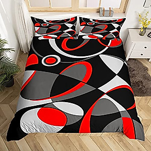 5Pcs Red Grey and Black Duvet Cover Set Full Size & Curtain Set: 1 Duvet Cover + 2 Pillowcase + 2 Panels of 42 W x 63 L inch Each