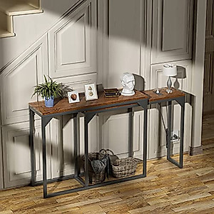 AISUNDY Console Table with Power Outlet & USB Ports, 63 Inch Narrow Long Sofa Table Set, Rustic Entryway Table Behind Sofa Couch, Industrial Vintage Hallway Table Nesting Side Table, Set of 2