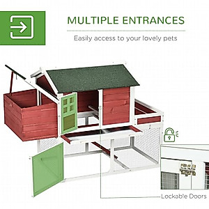 PawHut 63" Wooden Chicken Coop Hen House Poultry Cage for Outdoor Backyard with Raised Garden Bed, Run Area, Nesting Box and Removable Tray, Red