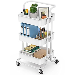 Totnz Rolling Utility Cart, 3-Tier Mesh Organization Cart with Lockable Wheels, Multi-Functional Storage Trolley for Office, Living Room, Kitchen, Laundry, Bathroom Storage, White (TZUC01W)
