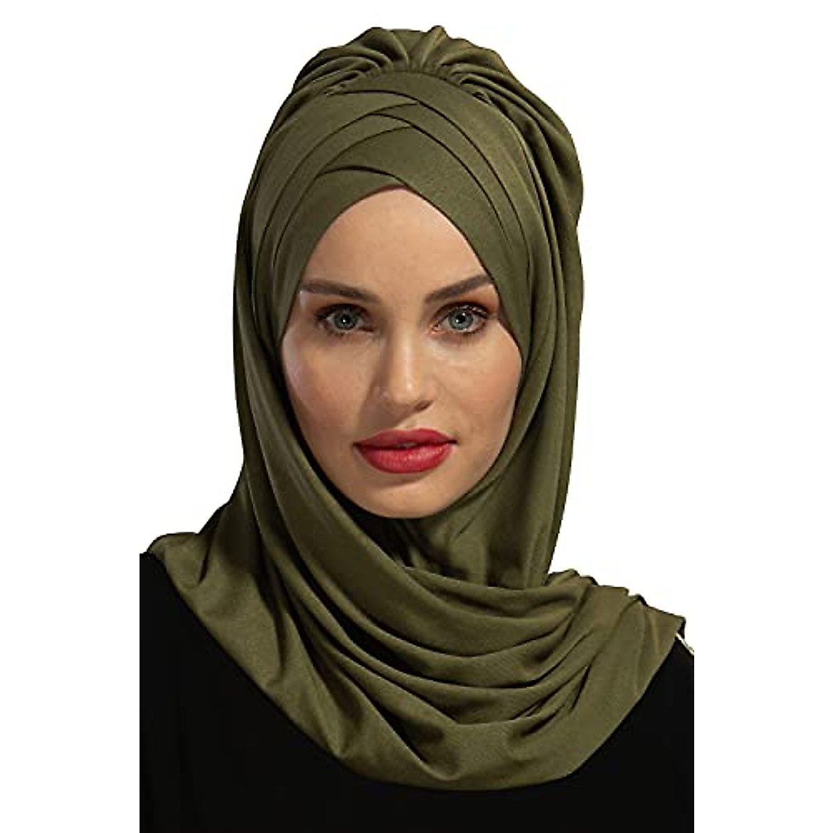Aisha's Design Instant Hijab for Women Muslim, Presewn 95% Cotton Jersey Turban, Ready to Wear Scarf, Army Green