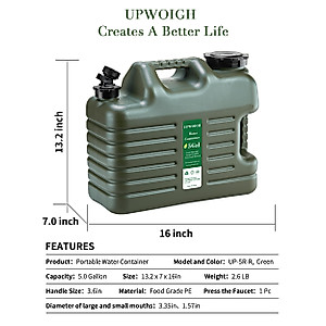 UPWOIGH 5 Gallon Water Jug, Camping Water Container, Truly No Leakage Water Storage, Large Military Green Water Tank,BPA Free Portable Emergency Overlanding Gear for Outdoors Hiking