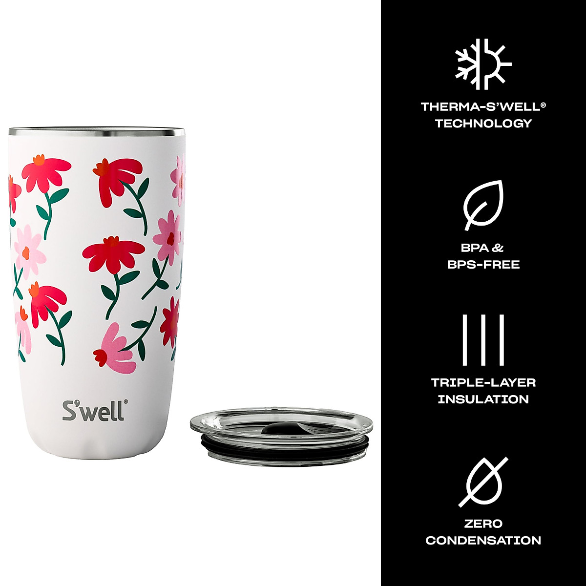 S'well Stainless Steel Tumbler with Slide-Open Lid, 18oz, Pink Daisy, Triple Layered Vacuum Insulated Containers Keeps Drinks Cold for 12 Hours and Hot for 4, BPA Free