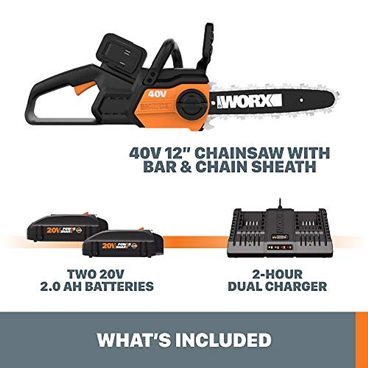 WORX 40V 12" Cordless Chainsaw Power Share with Auto-Tension - WG381 (Batteries & Charger Included)