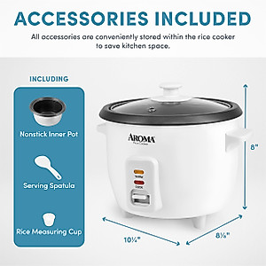 Aroma Housewares Aroma 6-cup (cooked) 1.5 Qt. One Touch Rice Cooker, White (ARC-363NG), 6 cup cooked/ 3 cup uncook/ 1.5 Qt.