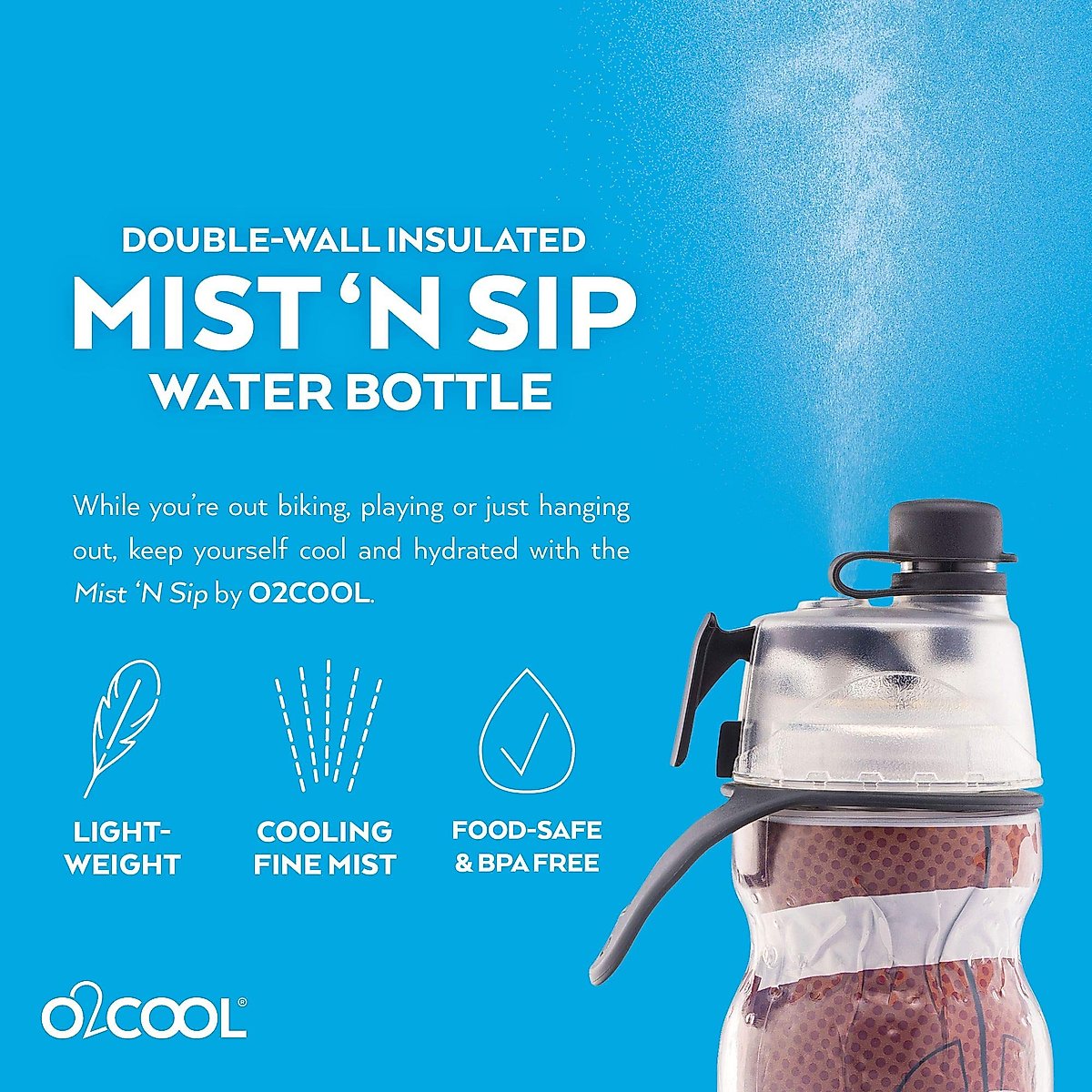 O2COOL Mist N Sip 2-in-1 Misting Water Bottle, 20 oz (2 Pack Football), Reusable Sports Bottle with Pull Top Spout & High Flow Rate - BPA Free, Insulated, Lightweight