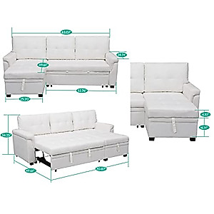 Naomi Home Laura Sectional Sleeper Sofa with Pull Out Bed, Reversible Sleeper Sectional Sofa Bed, Best Sleeper Sofa Couch with 168L Storage, L-Shape Pull Out Couch Bed Sleeper Sofa – Velvet/White