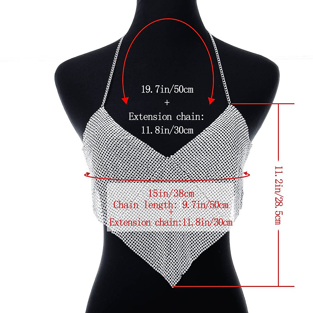 Uranian Rhinestone Tank Top Deep V Chest Chain Silver Sexy Sequin Nightclub Body Chain Sparkly Crystal Bikini Party Adjustable Body Jewelry for Women and Girls