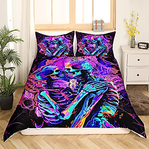 jejeloiu Sugar Skull Bedding Set Queen Size Kids Bohemian Gothic Skull Comforter Cover Set for Boys Girls Teens Valentine's Day Duvet Cover Romantic Bedspread Cover Room Decorations Quilt Cover