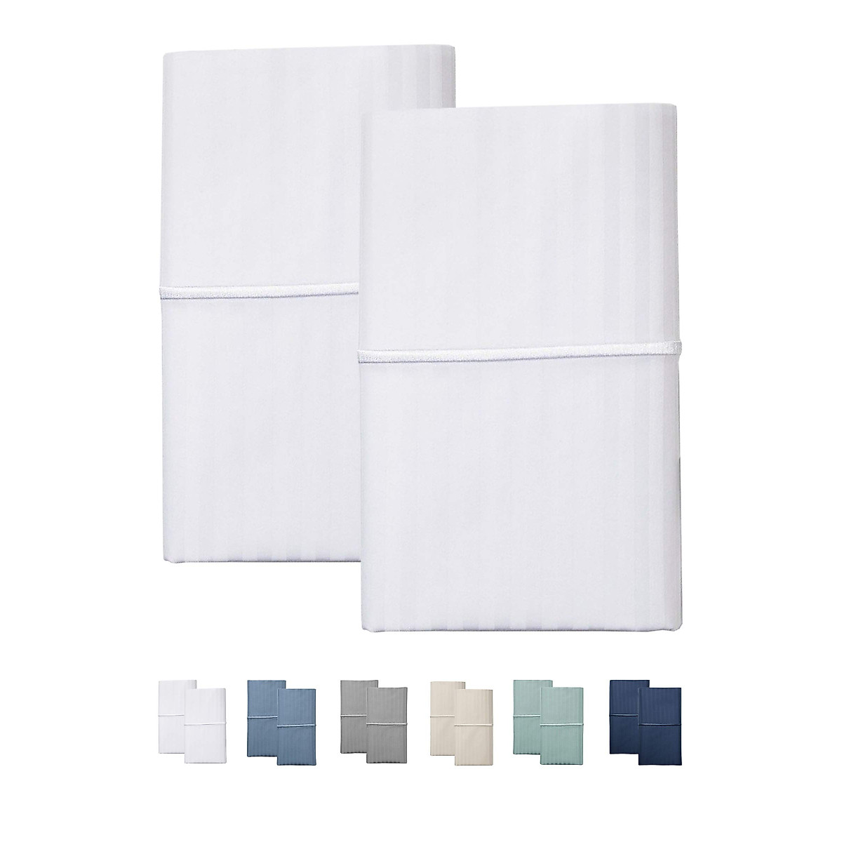 Feather & Stitch 100% Cotton 1 Piece Damask Stripe King Fitted Sheet 500 Thread Count White Luxury Sateen Weave with 2 Extra Pillow Cases