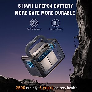 Difeisi P500 Portable Power Station, 518Wh LiFePO4 Battery with 110V/500W Pure Sine Wave AC Outlets, PD 100W Output/Input, Solar Generator for Camping RV CAPA Home Emergency (Solar Panel Optional)