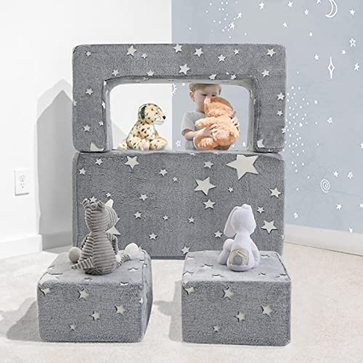 MeMoreCool Kids Couch Toddler Sofa, Star GlowSofa 3 in 1 Fold Out Kids Sofa, Modular Toddler Couch for Boys, Children Convertible Plush Sofa Play Set and Sofa Bed