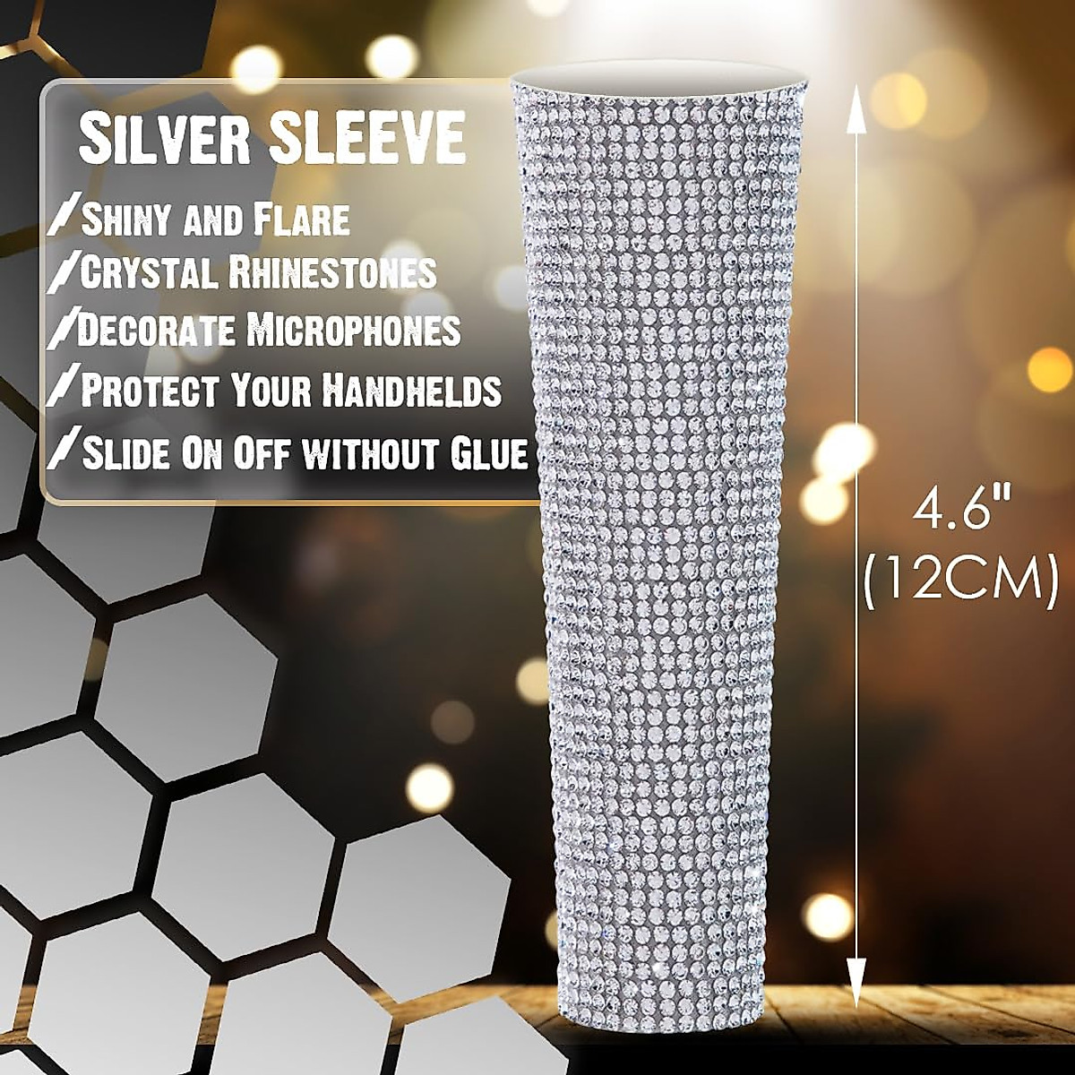 RhymKawa B58 Silver Mic Handle Sleeve Replacement Fit for Most Wired Vocal Microphones and SM58LC, Beta 58A, Rhinestones Cover Shining on Tours & TV Shows (MIC NOT Included)