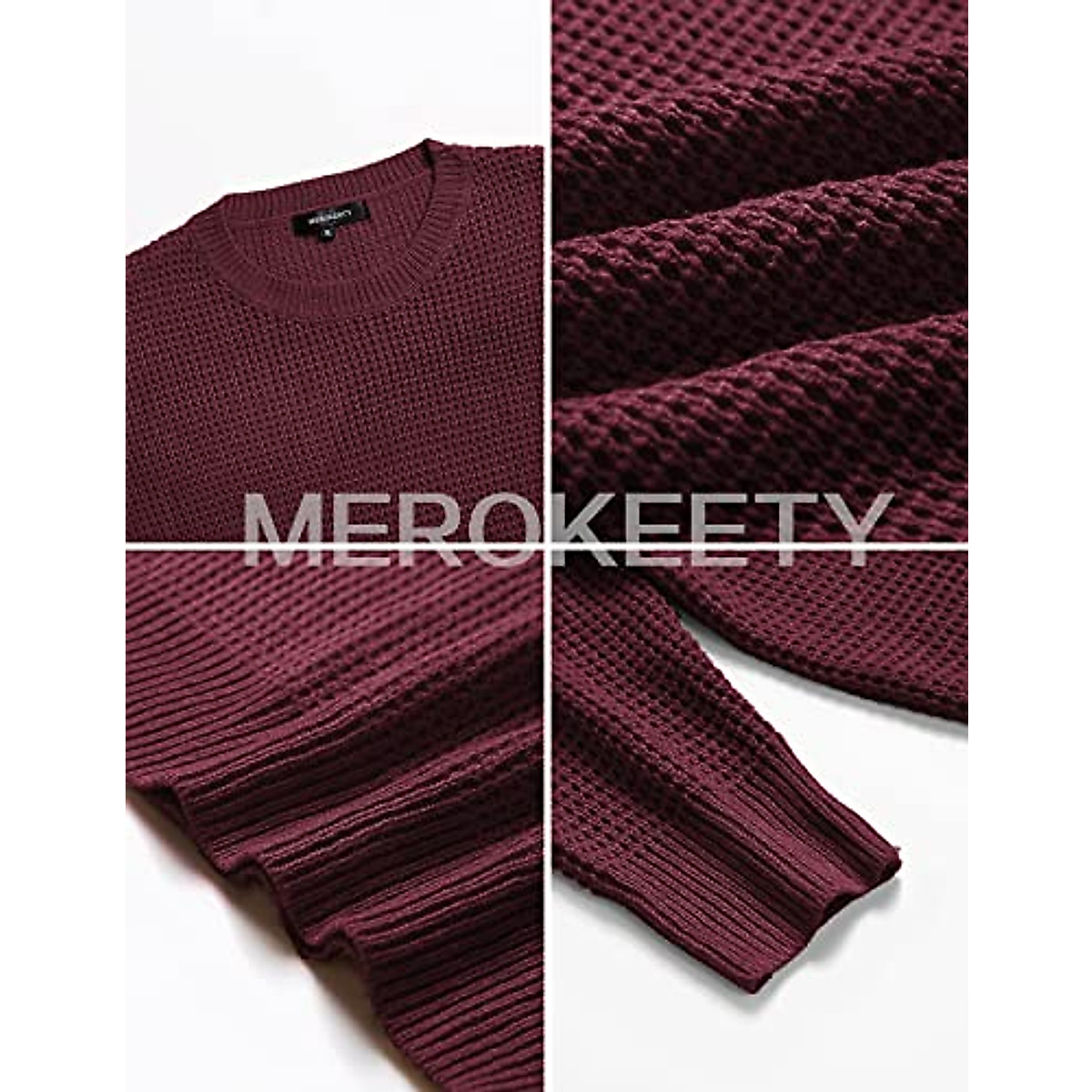MEROKEETY Women's Long Sleeve Waffle Knit Sweater Crew Neck Solid Color Pullover Jumper Tops Wine