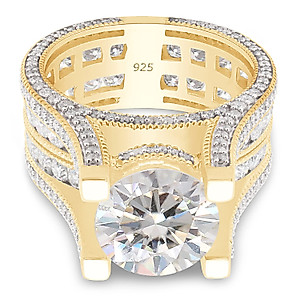 SAVEARTH DIAMONDS Bridge Style, 5 Carat Center 9MM Round Cut Lab Created Moissanite Diamond Solitaire Bridal Engagement Ring In 14K Yellow Gold Over Sterling Silver(VVS1 Clarity 5 Cttw)-6.5