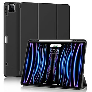 Supveco New iPad Pro 12.9 Inch Case 2022/2021 (6th/5th Gen) with Pencil Holder [Support iPad 2nd Gen Pencil Charging/Pair],Trifold Stand Smart Case with Soft TPU Back,Auto Wake/Sleep-(Black)
