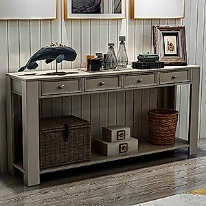 P PURLOVE Console Table for Entryway Hallway Easy Assembly 64" Long Sofa Table with Drawers and Bottom Shelf (64", Antique Grey)