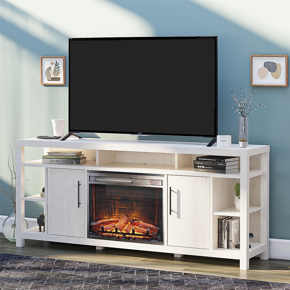 Ameriwood Home Garrick Electric Fireplace Console for TVs up to 75", Ivory Oak